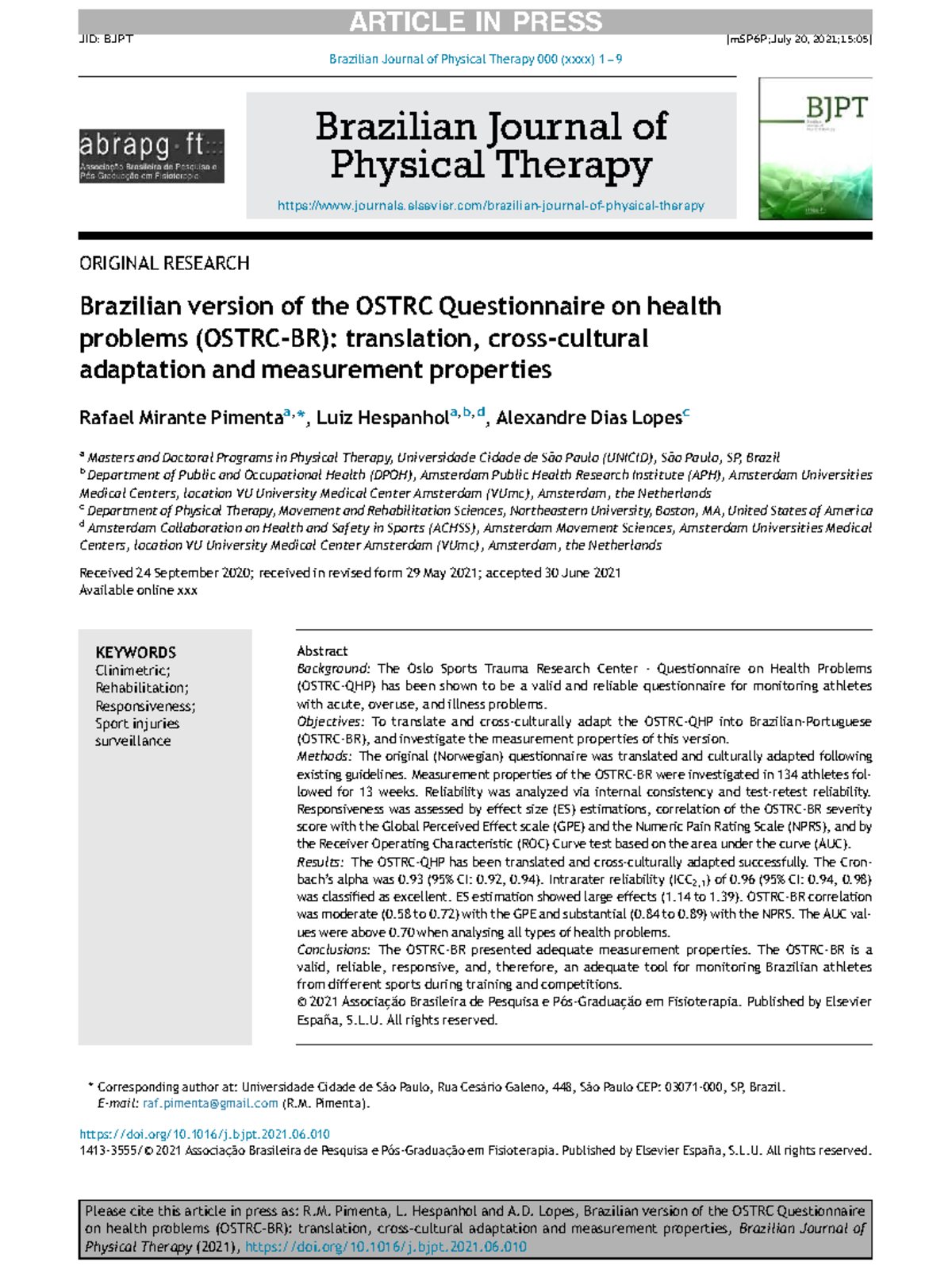 Brazilian Version of the OSTRC Questionnaire: Translation & Validation ...