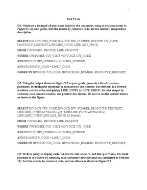 Unit 4 Lab - Week 4 Assignment - 1 Unit 4 Lab Q1: Write the SQL code required to list the ...