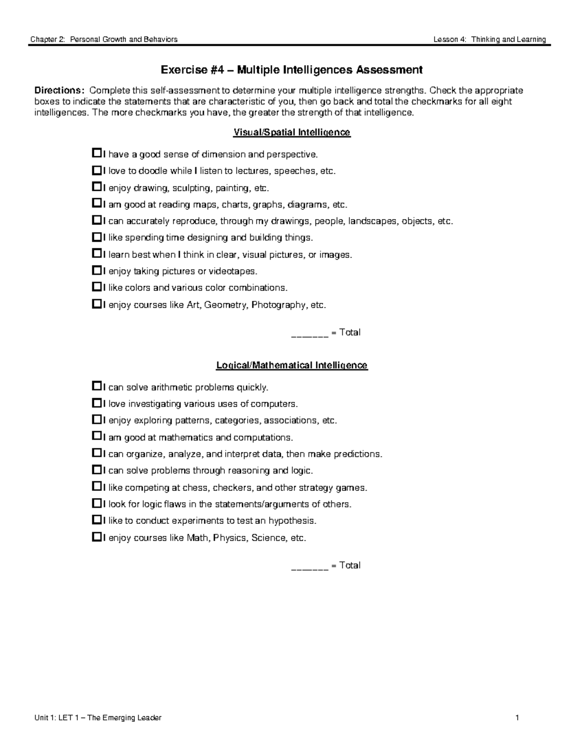 U1C2L4A4 Exercise 4: Multiple Intelligences Assessment - Studocu