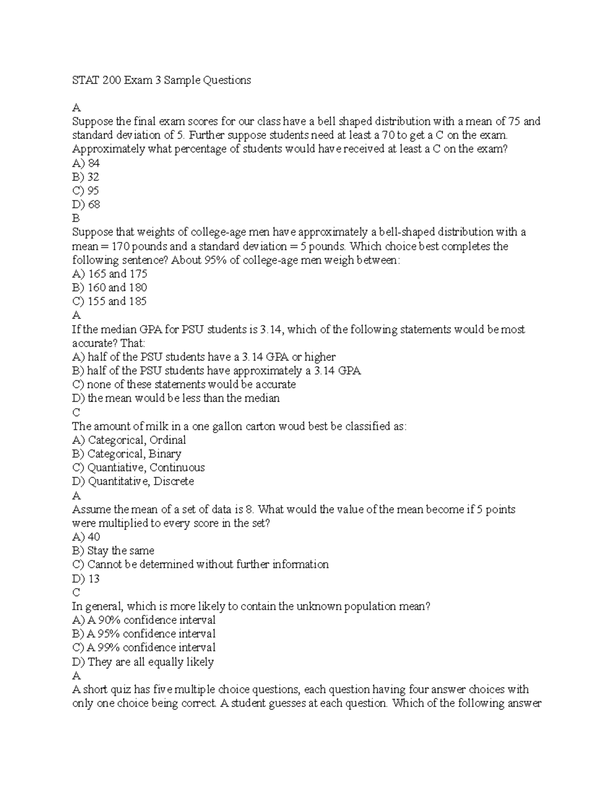 STAT 200 Exam 3 Practice Questions and Answers - Studocu