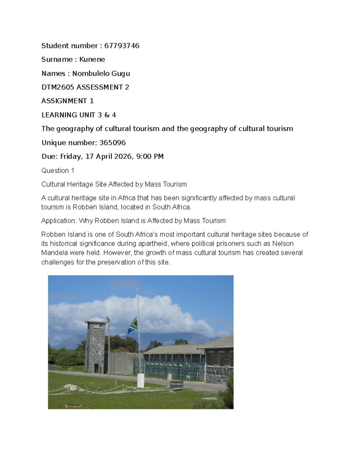 DTM2605 Assignment 1: Cultural Tourism Impact on Robben Island - Studocu
