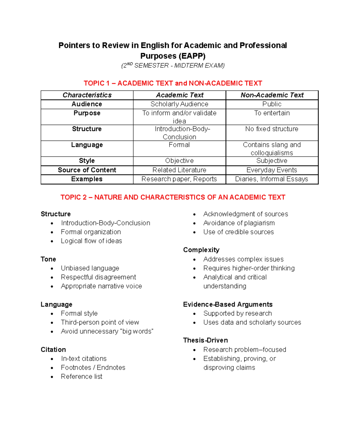EAPP 2ND SEMESTER MIDTERM EXAM: Academic Text Review Pointers - Studocu