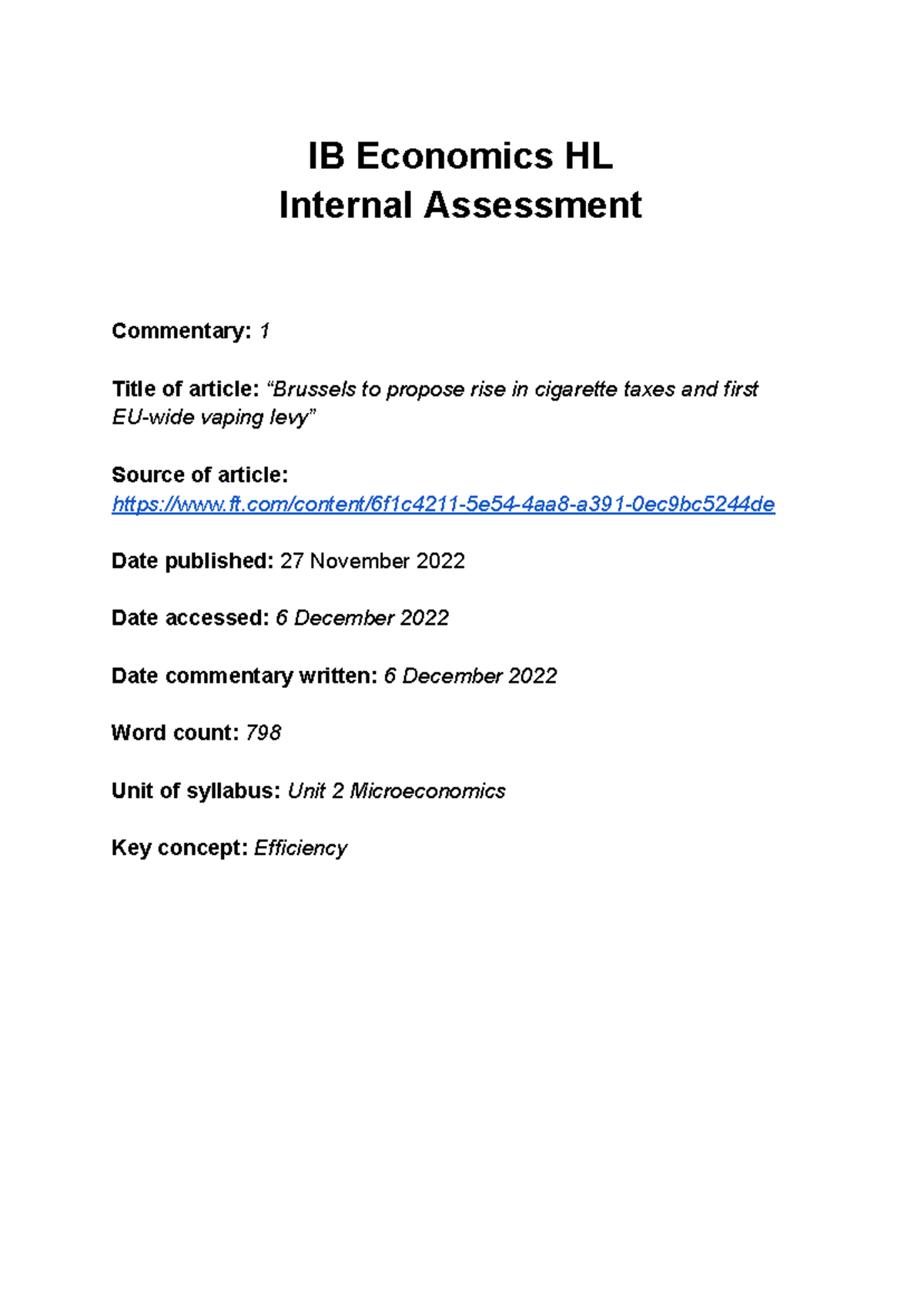 IB Economics HL IA Commentary: Cigarette Tax Proposal & Efficiency ...