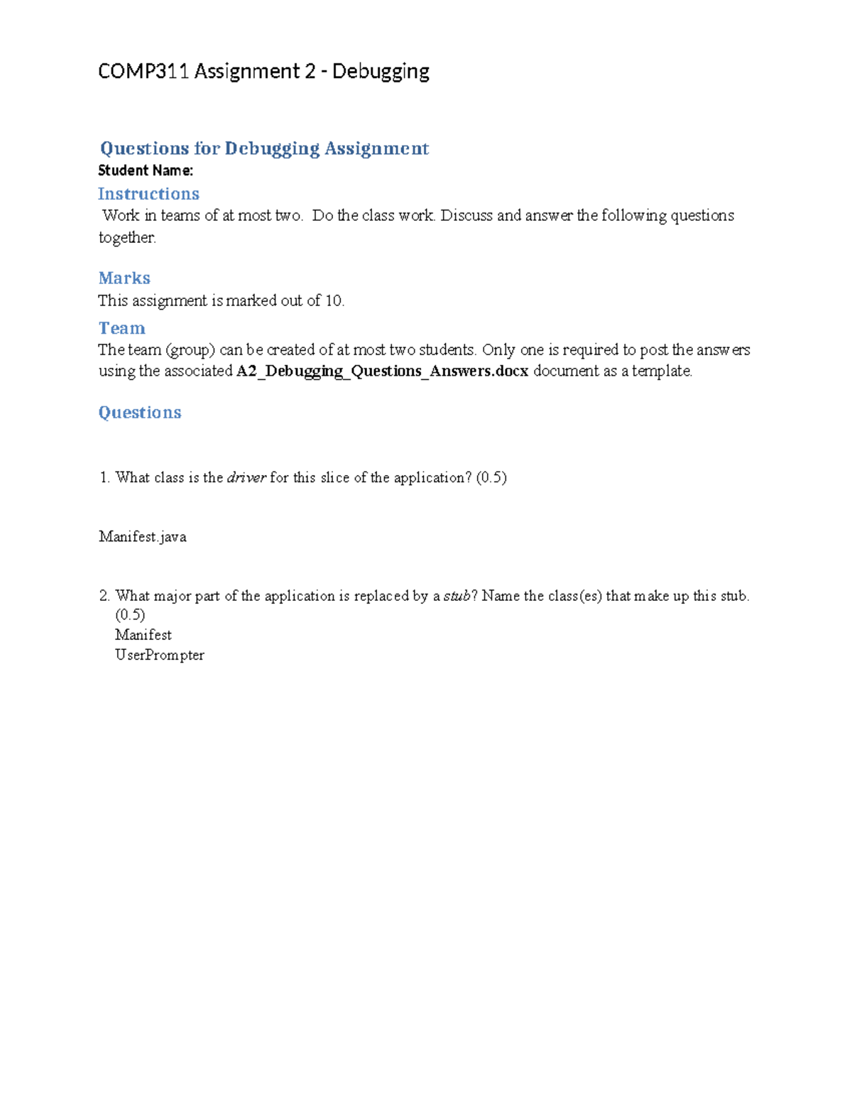 COMP311 A2 Debugging Assignment Questions and Answers - Studocu
