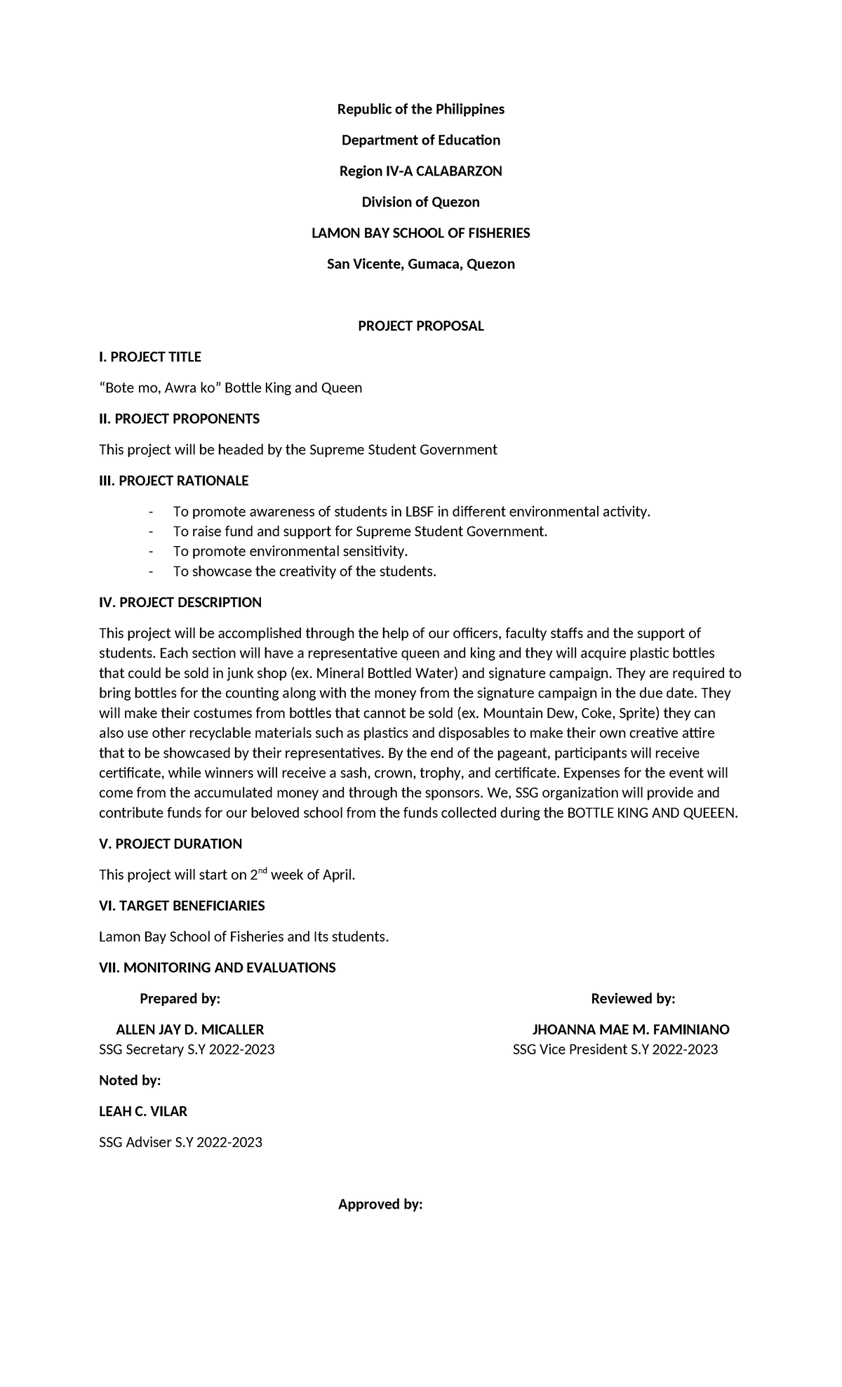 LBSF Project Proposal: "Bote Mo, Awra Ko" Bottle King and Queen Contest ...