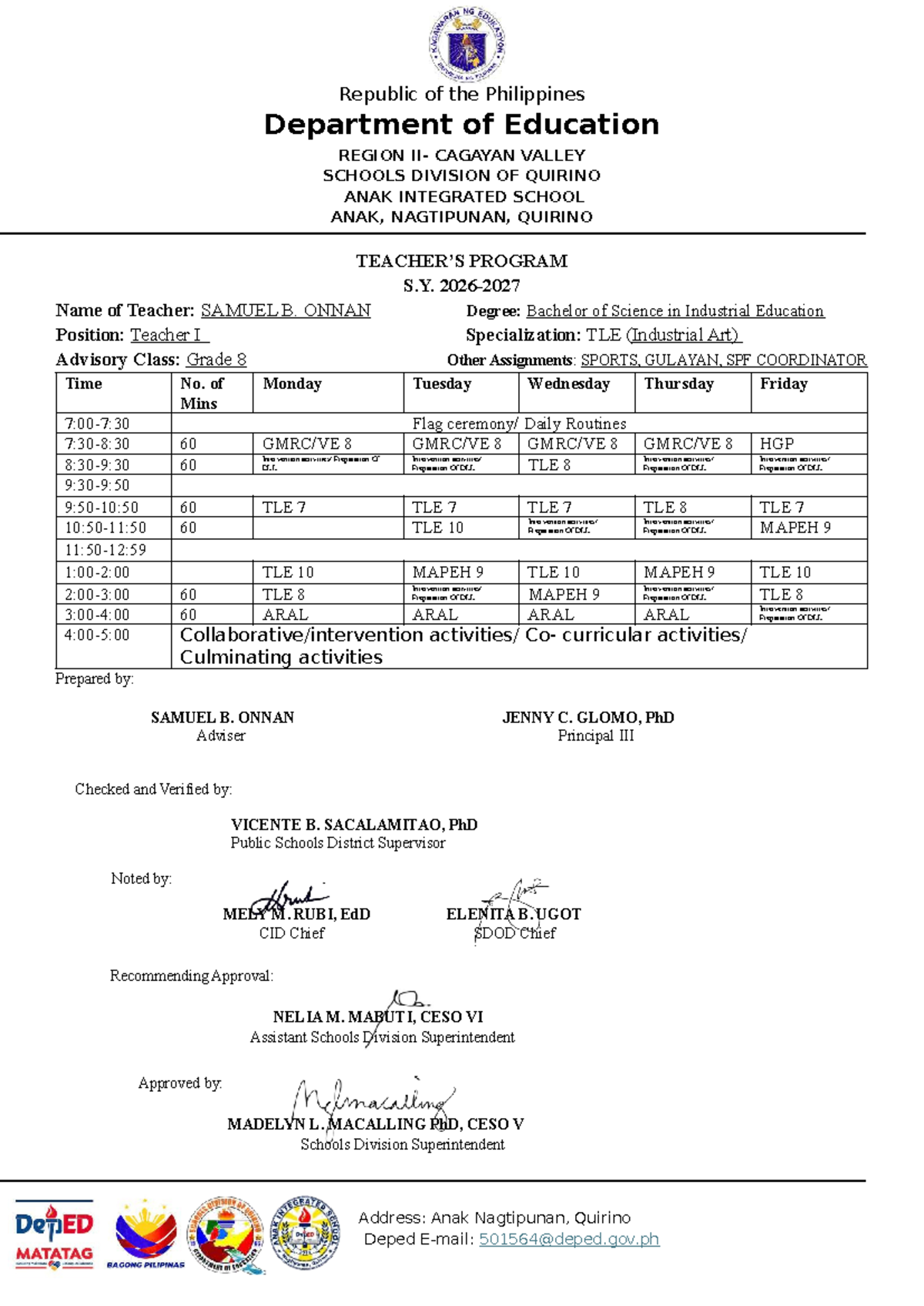 Teachers' Program 2026SAM: Grade 8 TLE & Intervention Schedule - Studocu