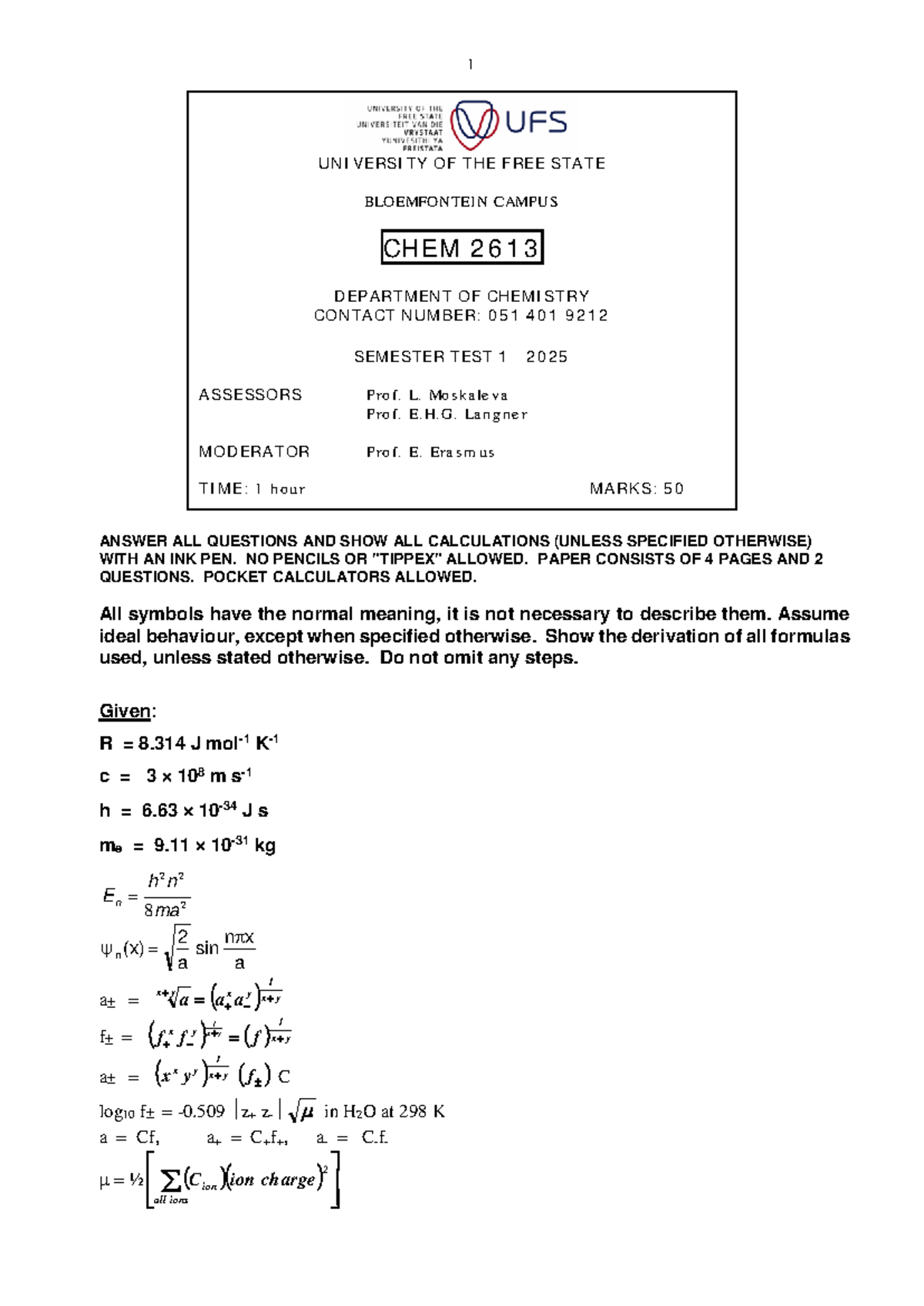 ST1-CHEM2613-2025: Semester Test 1 - Electrolytic Chemistry & Quantum ...
