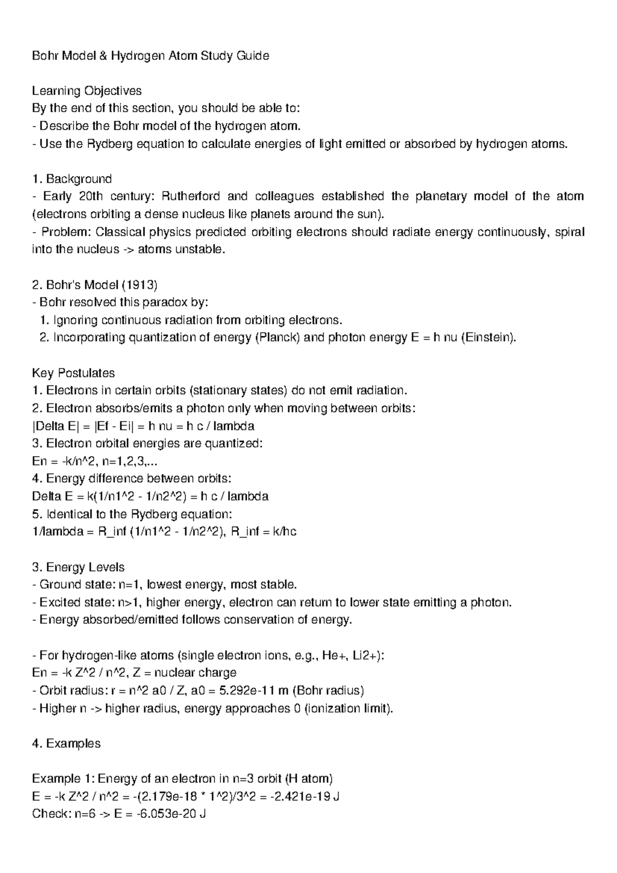 CHEM 101: Bohr Model of Hydrogen Atom Study Guide - Studocu