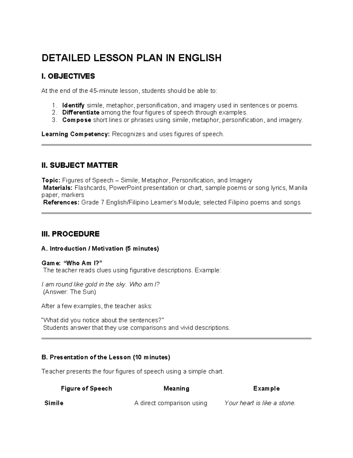 Detailed Lesson Plan: Figures of Speech in English I - Studocu