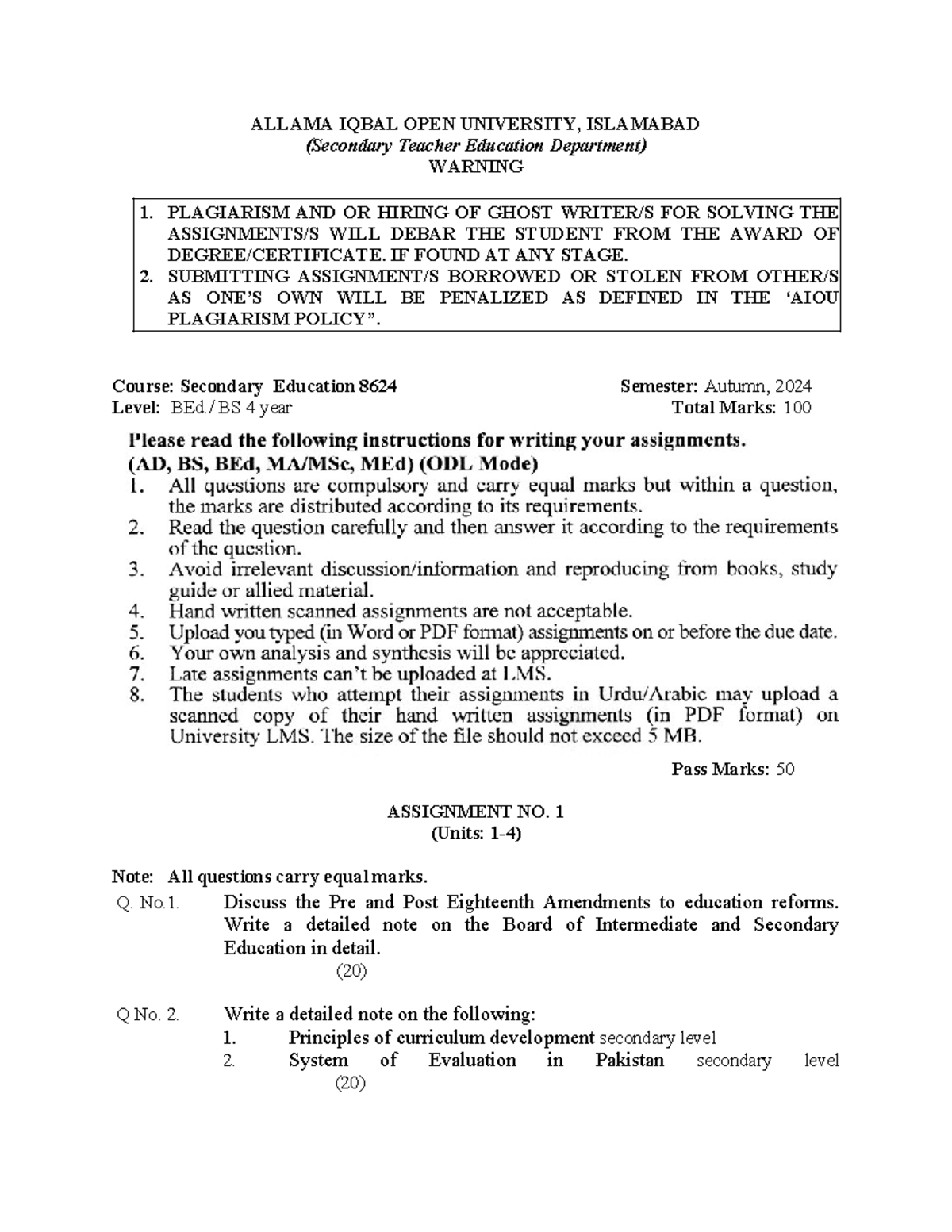 8624 - AIOU Autumn 2024 BEd Assignment Questions & Guidelines - Studocu