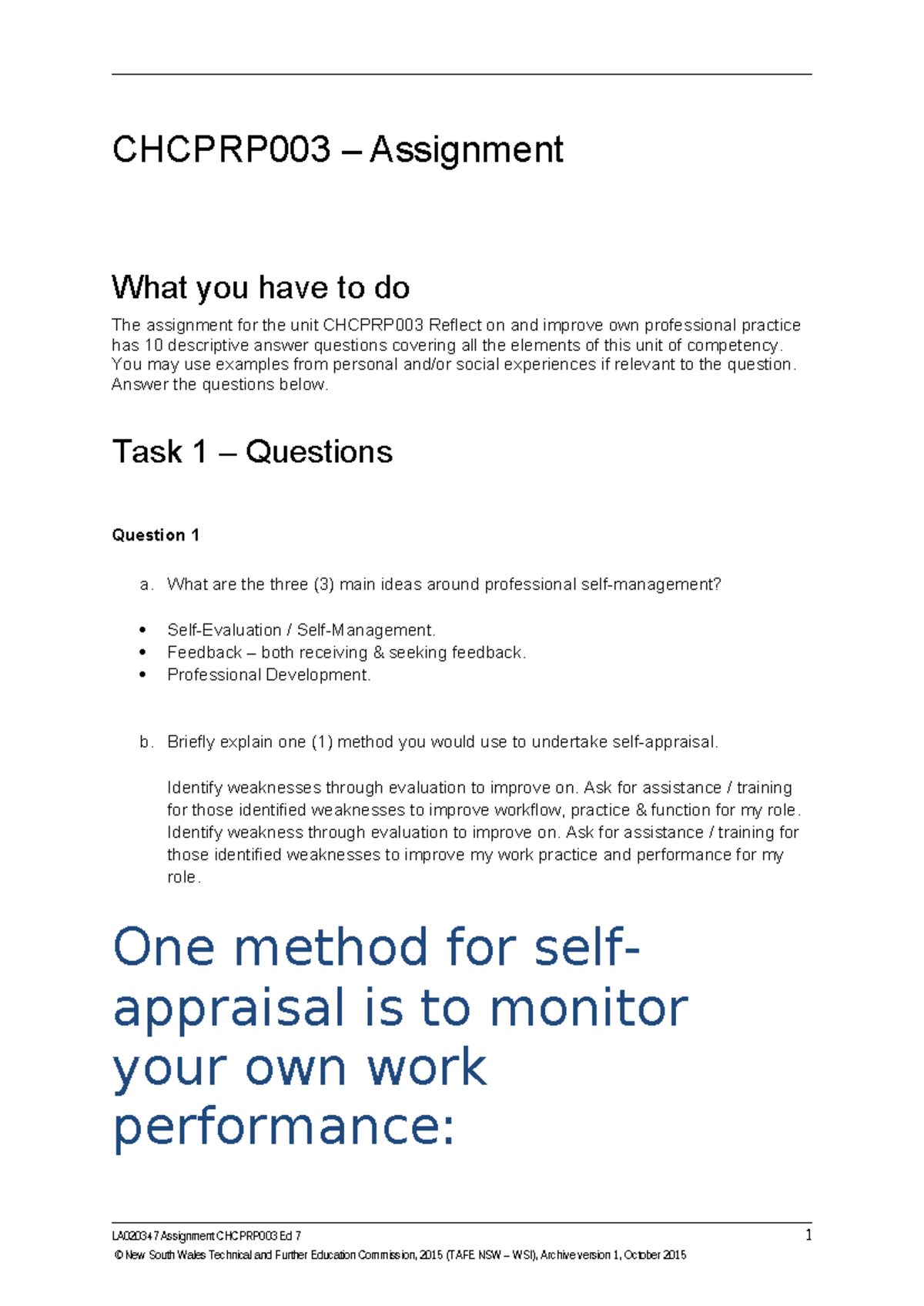 CHCPRP003 Assignment: Reflecting on Professional Practice and Development - Studocu