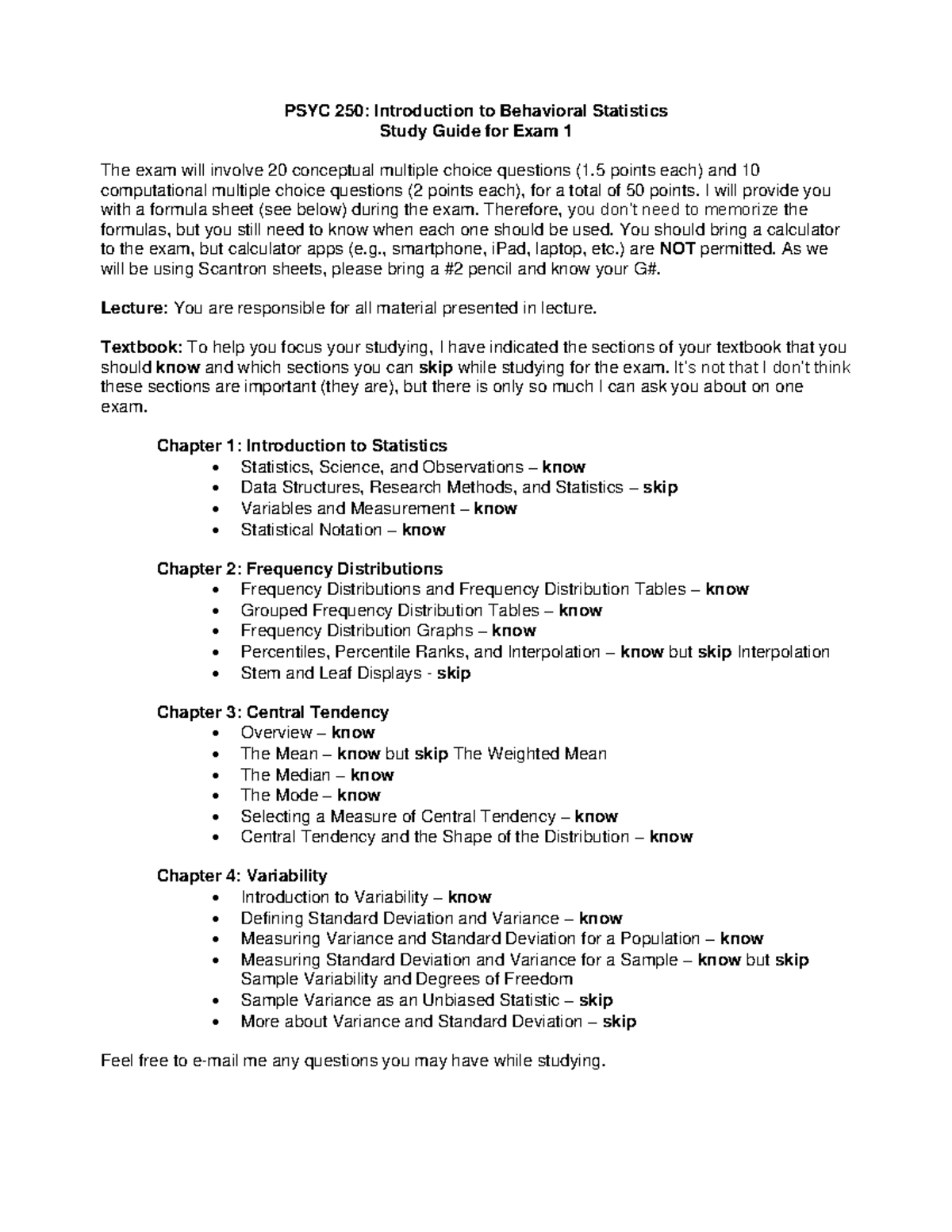 PSYC 250: Study Guide for Exam 1 - Key Concepts & Formulas - Studocu