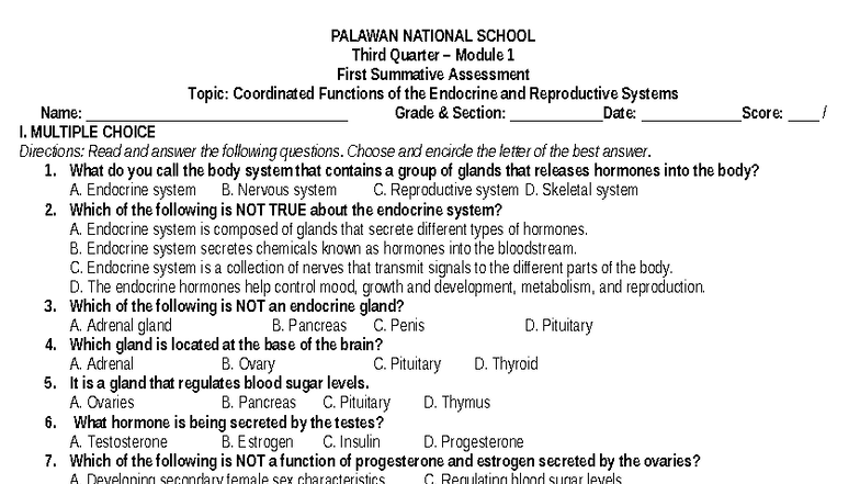 PALAWAN NATIONAL SCHOOL Q3 Module 1: Endocrine & Reproductive Systems ...