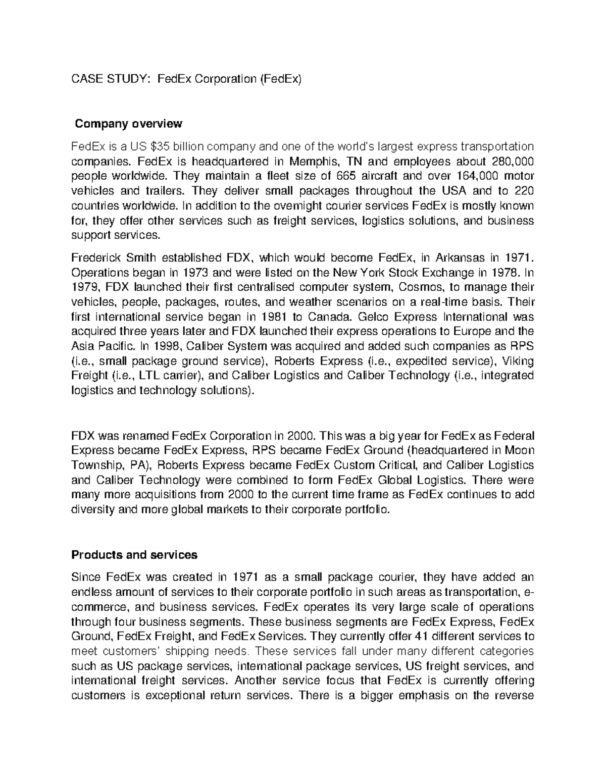 FedEx Corporation (FDX) Case Study Analysis and Service Innovation - Studocu