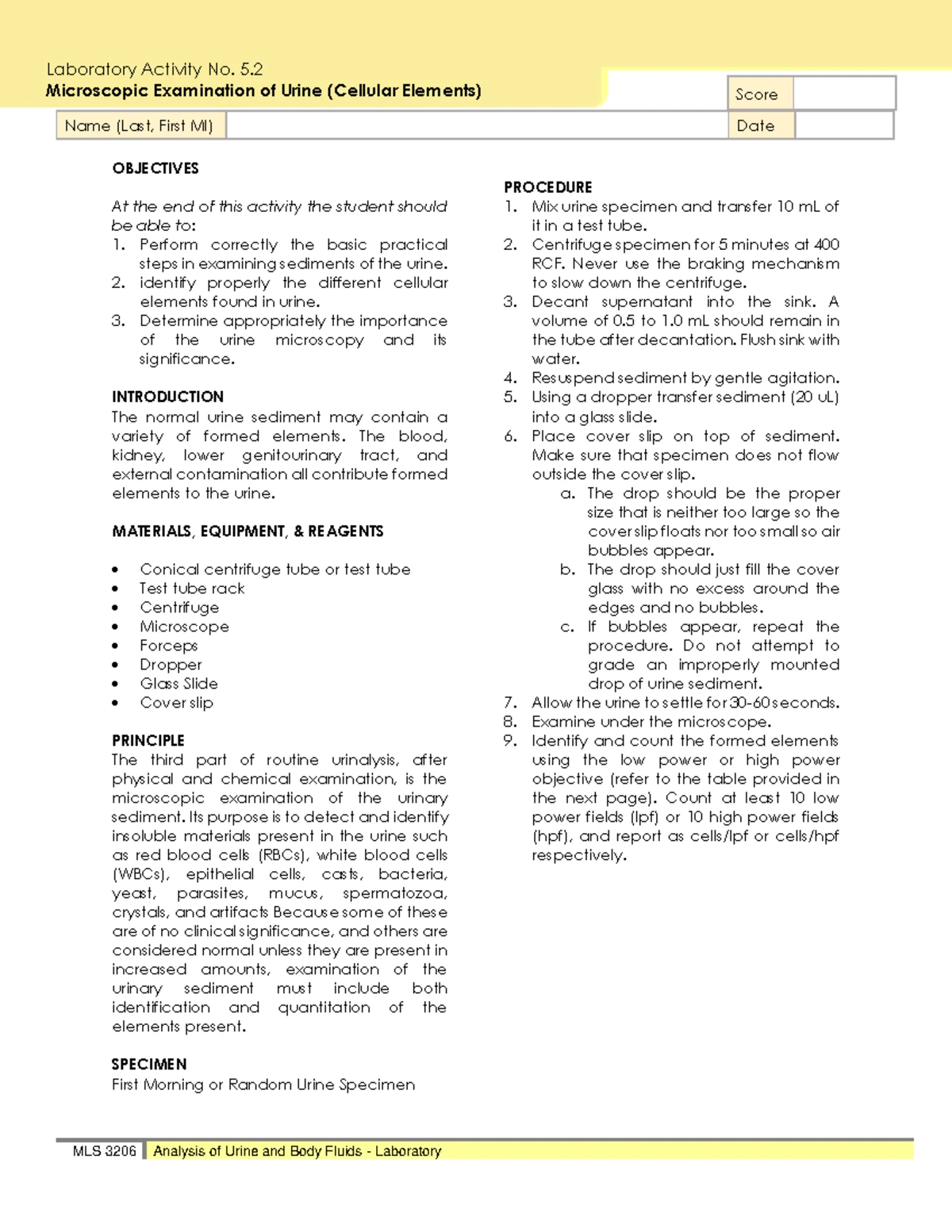 MLS 3206 Lab. Activity No. 4 - Activity Sheet - Chemical Tests for ...