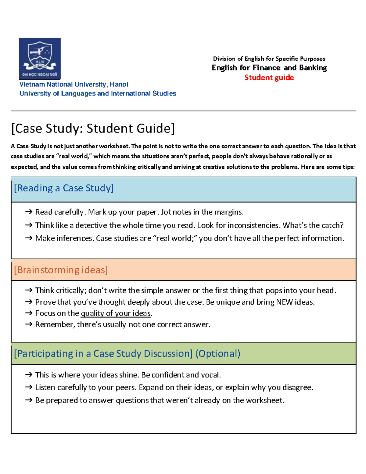 Case Study Guide for English for Finance and Banking (ESP 101) - Studocu