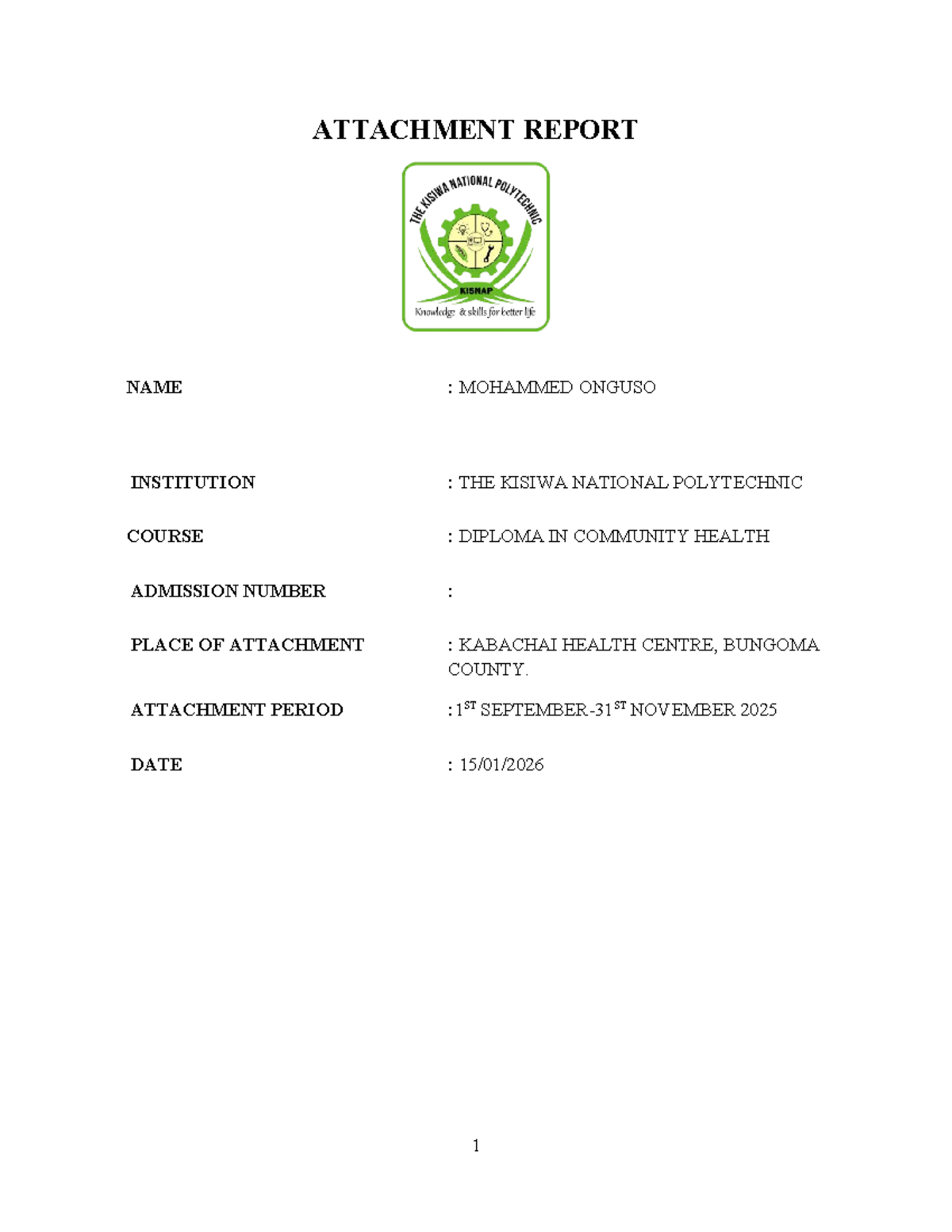 Attachment Report: Community Health Experience at Kabuchai Health ...