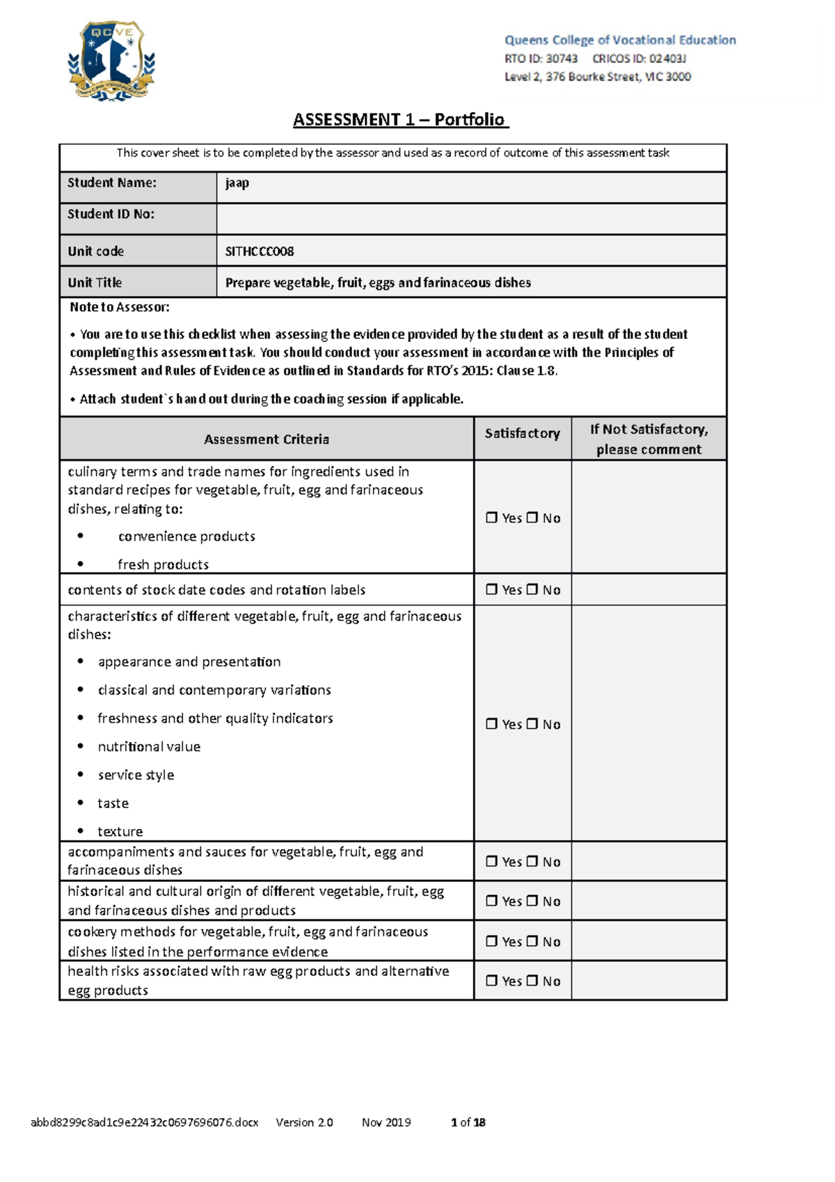 Assessment 1 Sithccc 008 Prepare vegetable, fruit, eggs and farinaceous ...
