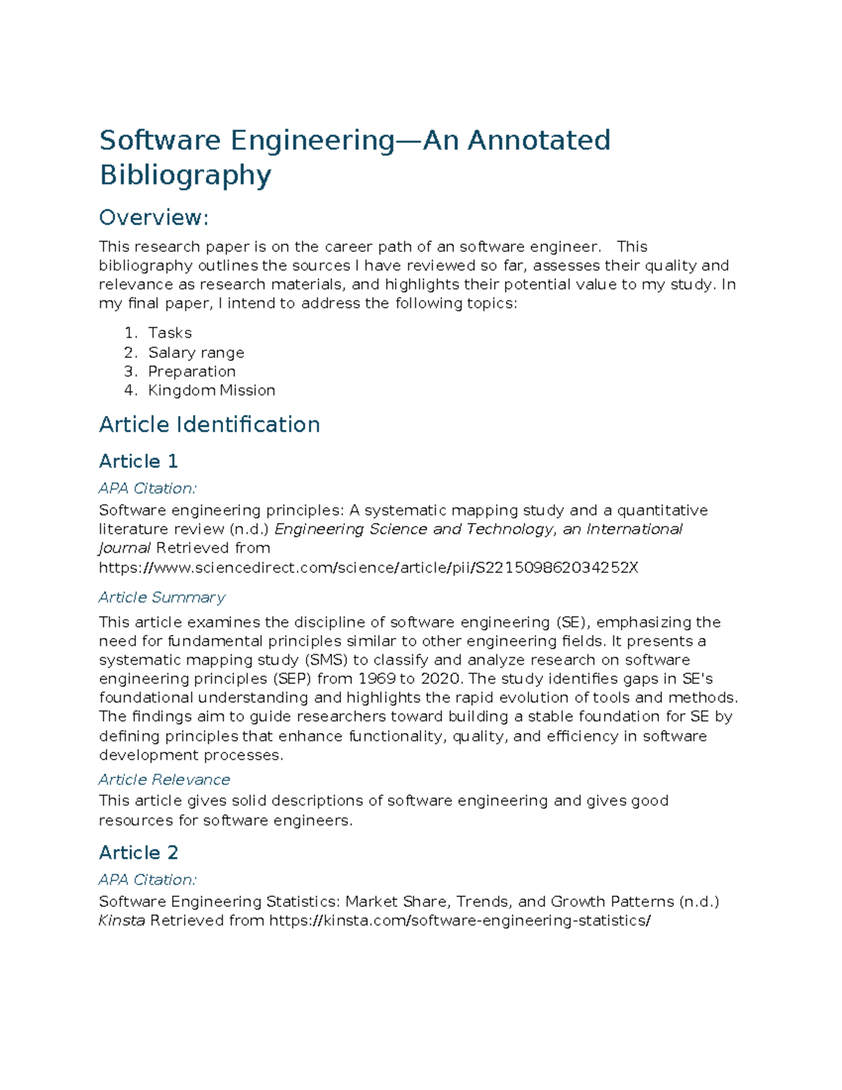 Annotated Bibliography: Software Engineering Career Insights - Studocu
