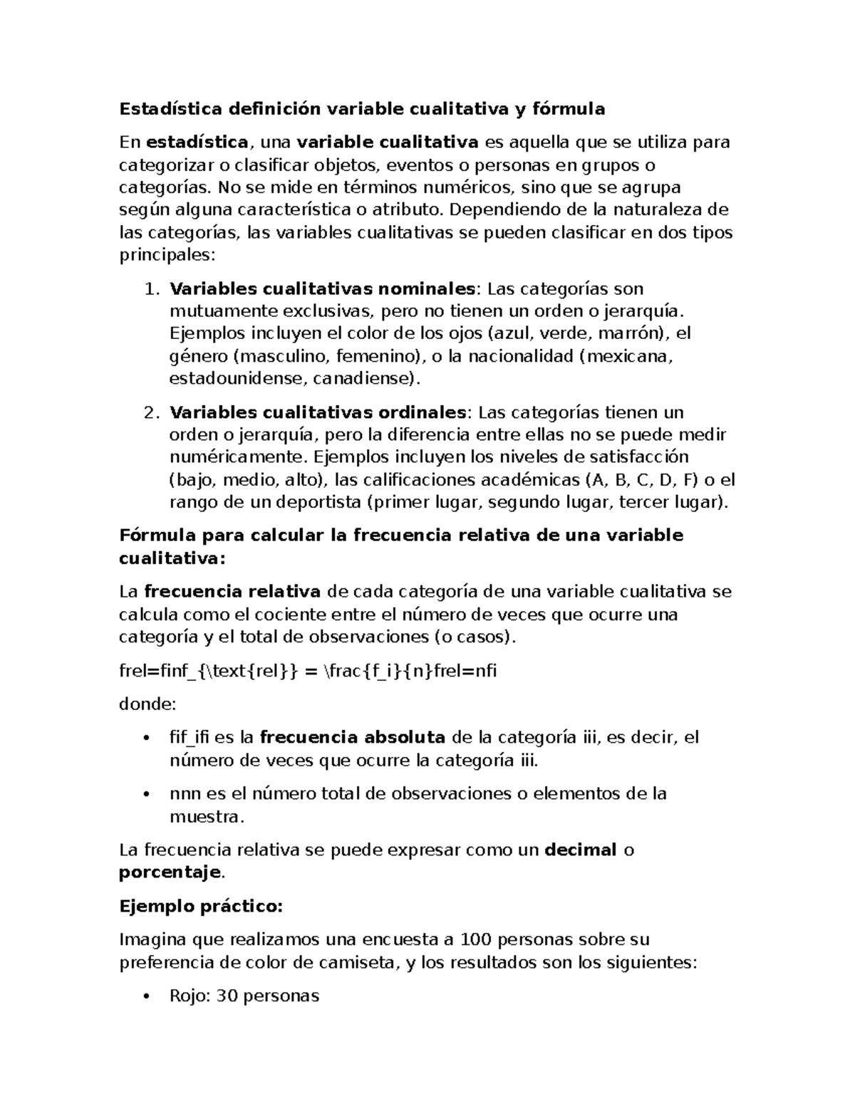 Definición y Fórmulas de Variables Cualitativas en Estadística - Studocu