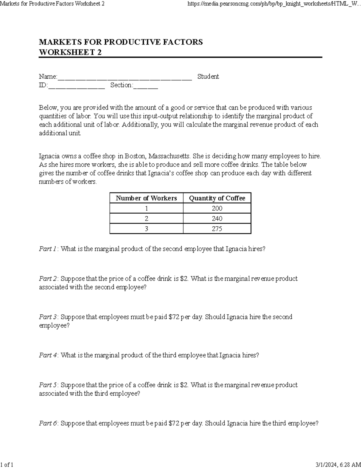 Markets for Productive Factors Worksheet 2: Labor & Marginal Analysis ...