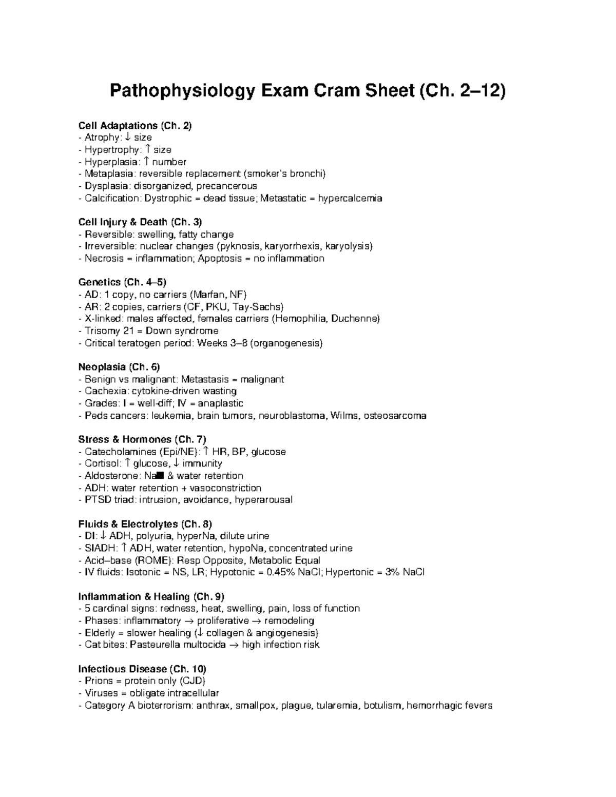 Pathophysiology Exam Cram Sheet: Key Concepts & Conditions - Studocu