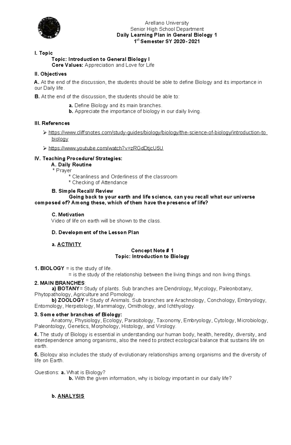 L01-Introduction to Biology - Arellano University Senior High School ...