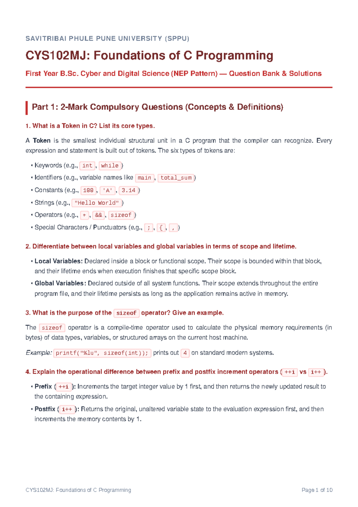 CYS102MJ: Foundations of C Programming Question Bank Solutions Part 1 ...