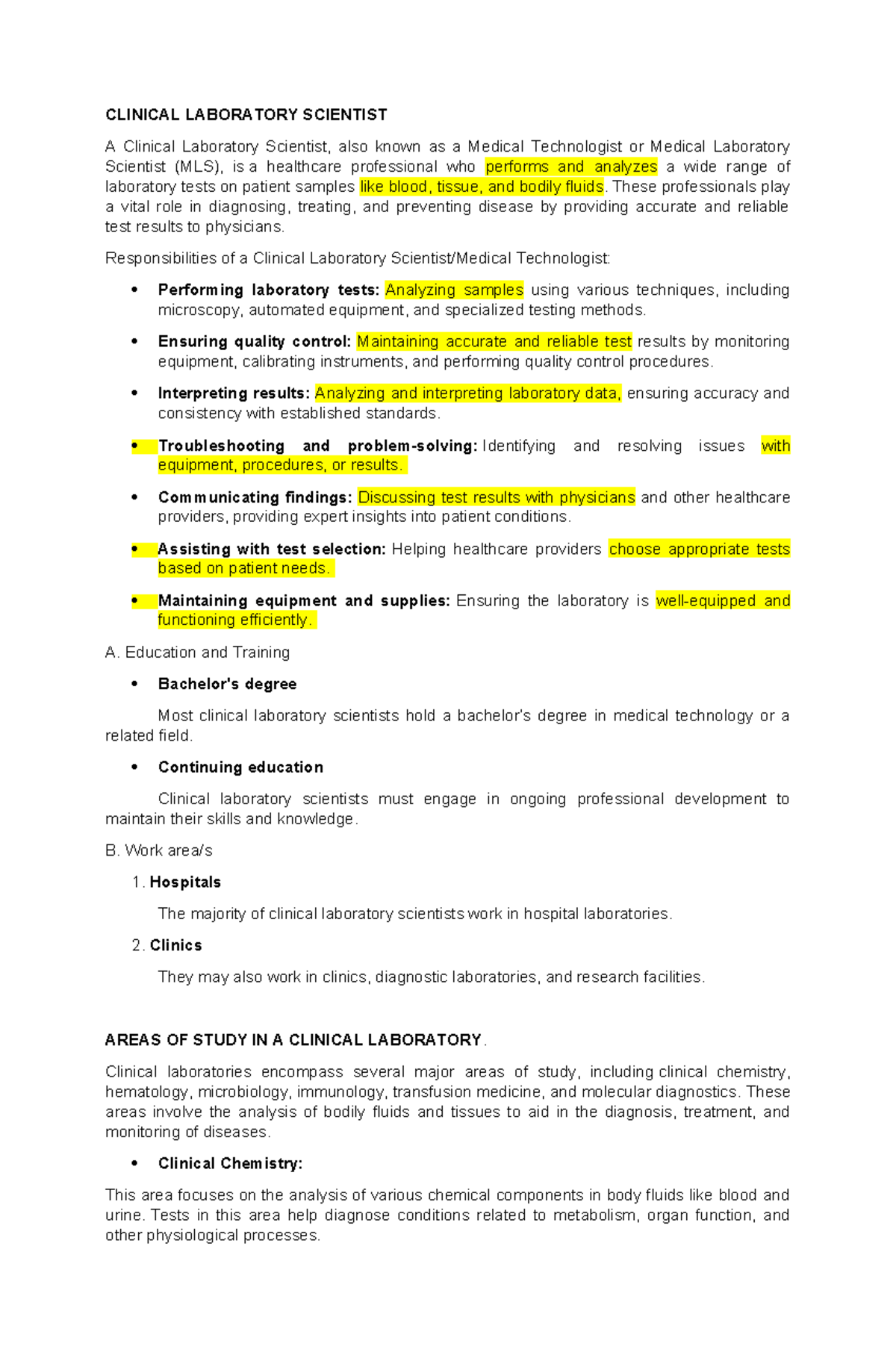CLINICAL LABORATORY SCIENTIST: Roles, Responsibilities & Areas of Study ...