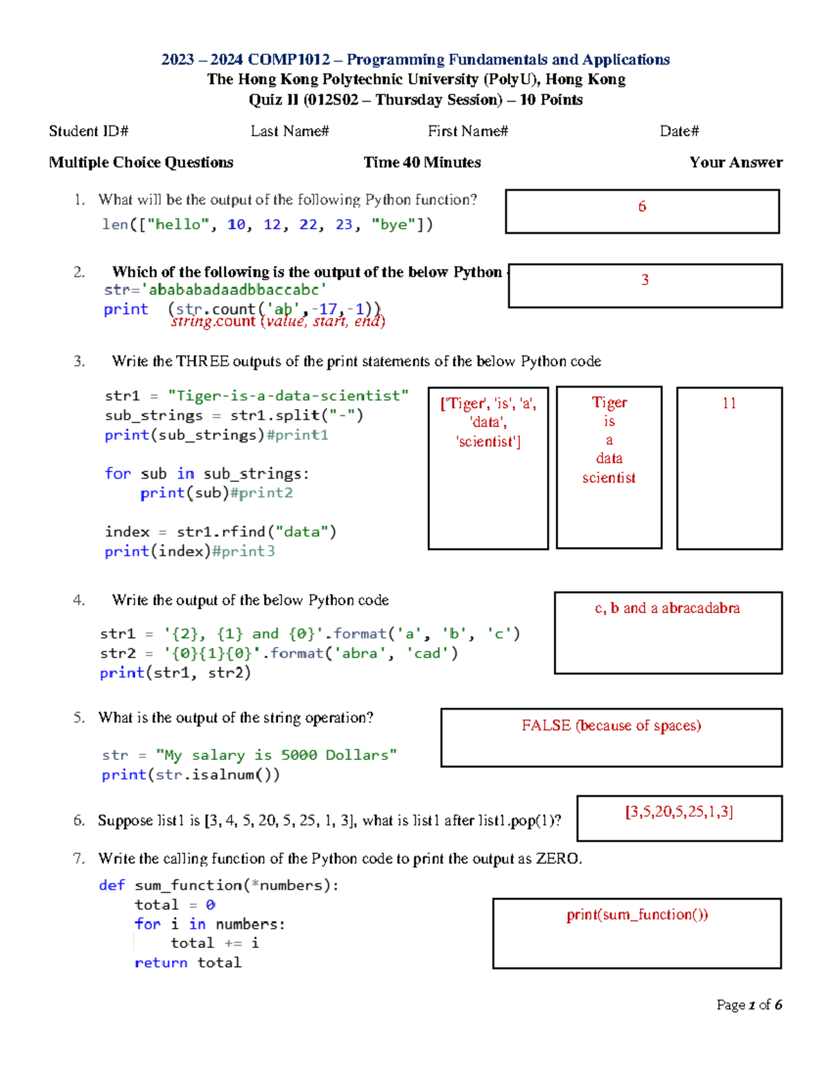COMP1012 Quiz II Sample Paper 2023-24 (PolyU) - Programming ...
