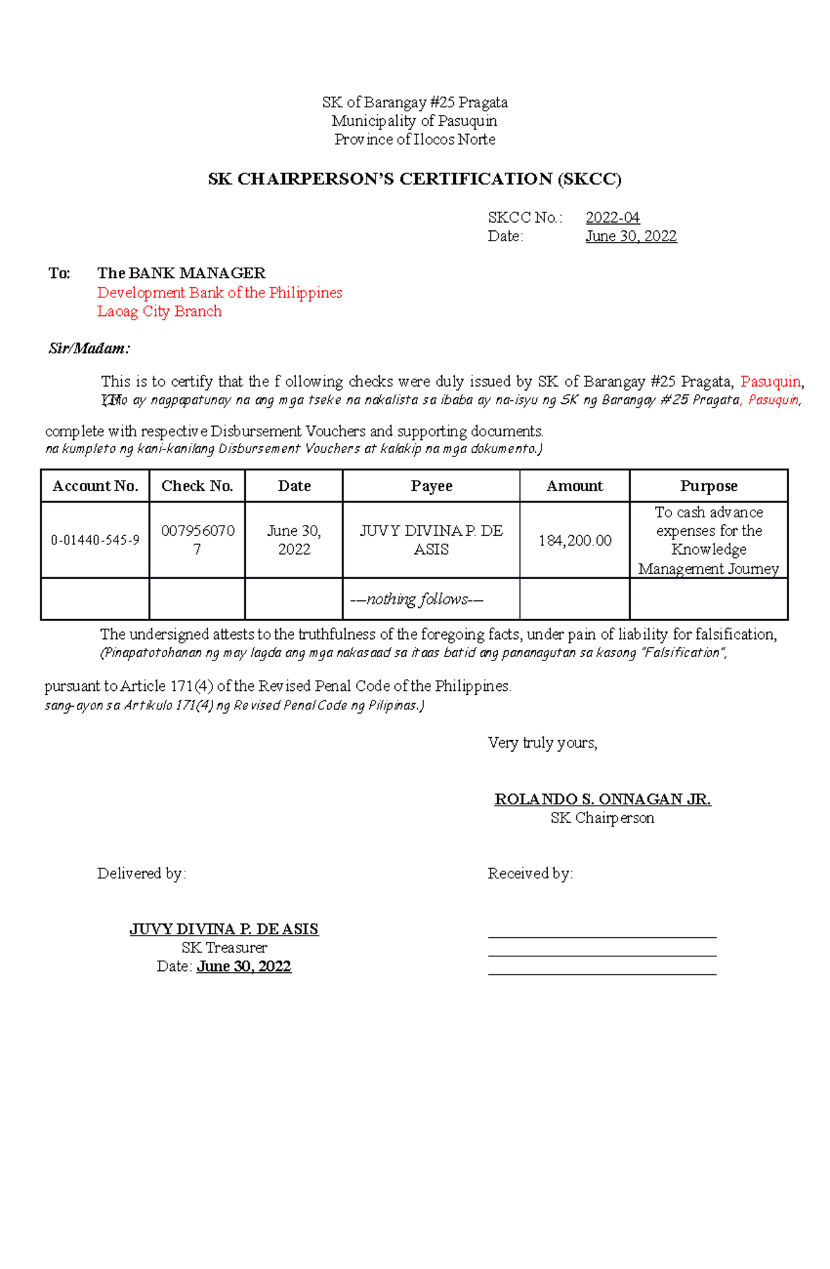 SKCC (Sangguniang Kabataan Chairperson's Certification) - SK of Barangay #25 Pragata ...