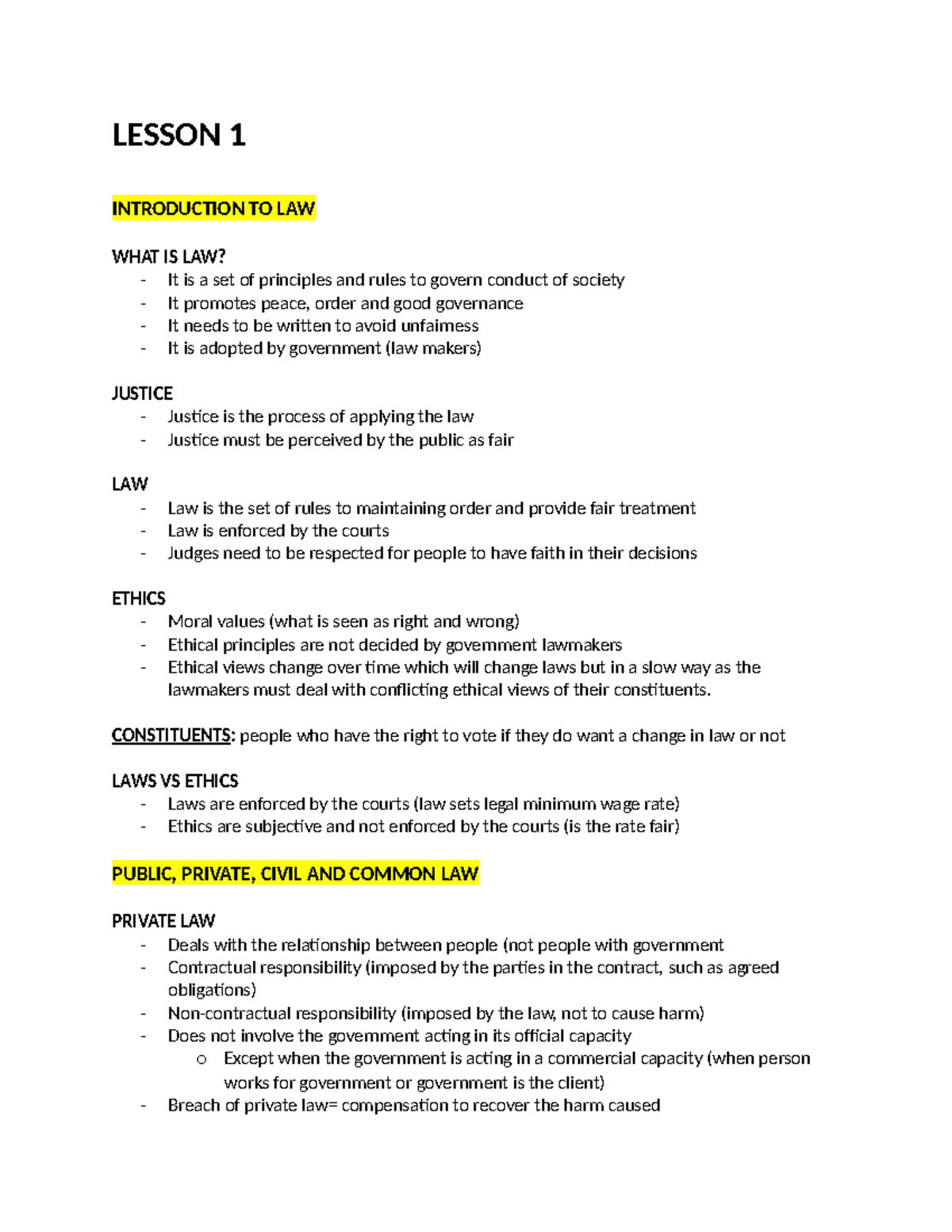 notes law corporate - LESSON 1 INTRODUCTION TO LAW WHAT IS LAW? - It is ...