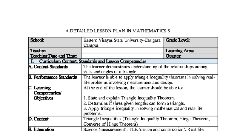 Detailed Lesson Plan: Triangle Inequalities in Math 8 - Studocu