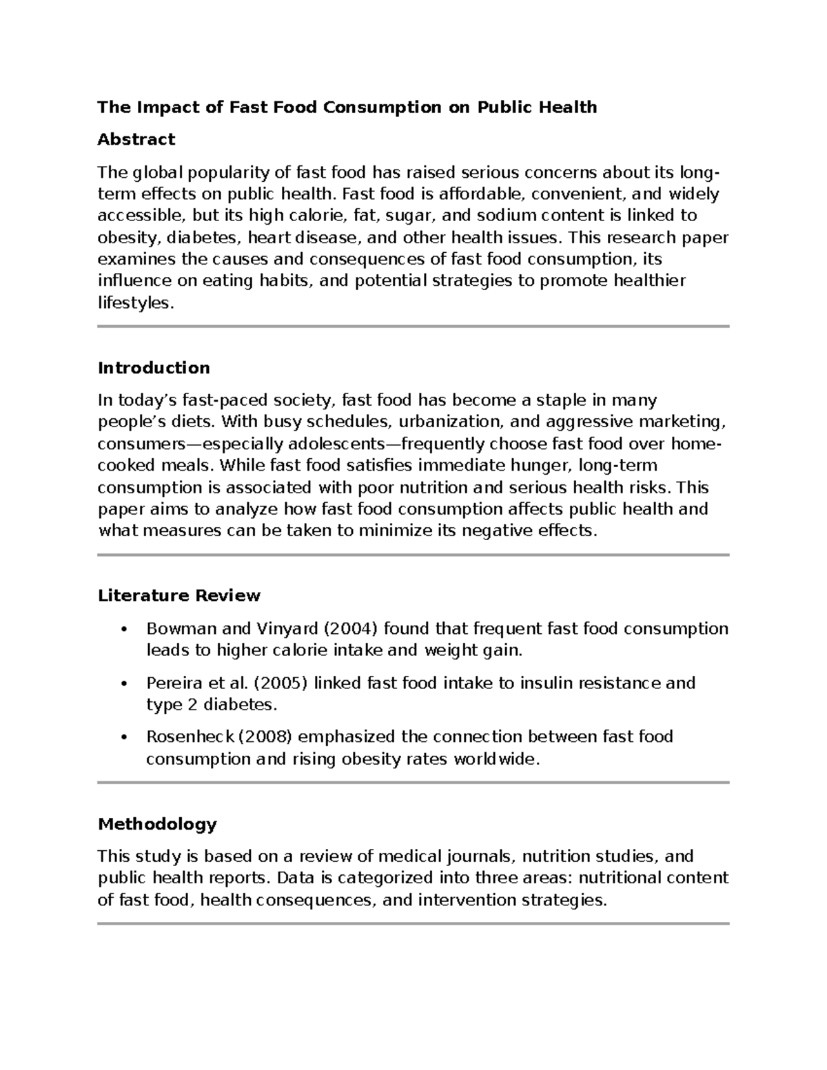 The Impact of Fast Food Consumption on Public Health: A Study - Studocu