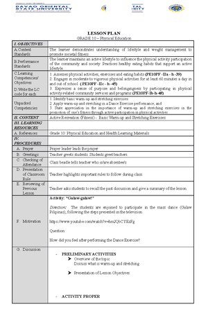 FS LP 4 - Lesson Plan - LESSON PLAN GRADE 10 – Physical Education I ...