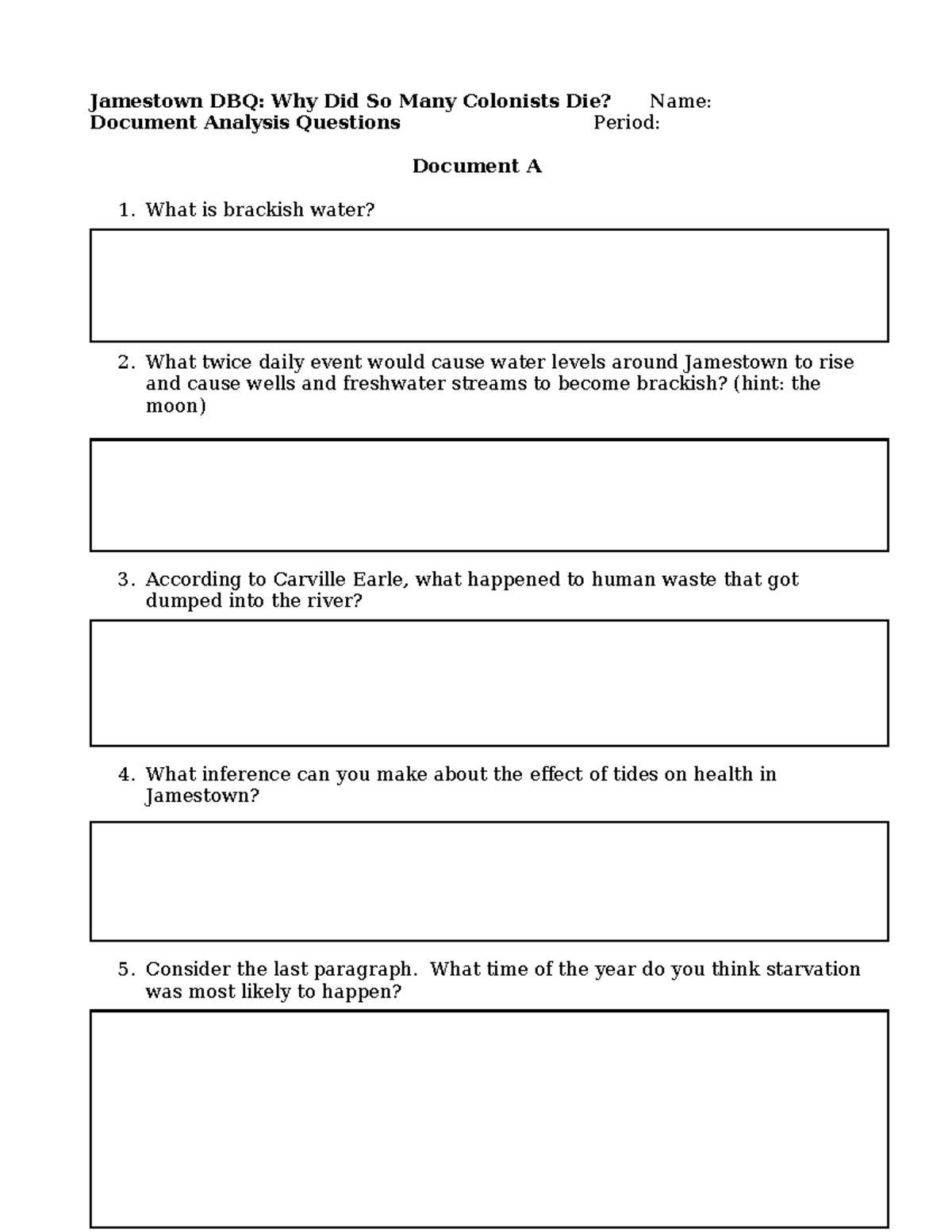 Jamestown DBQ Analysis Questions on Colonist Deaths (Hist 101) - Studocu