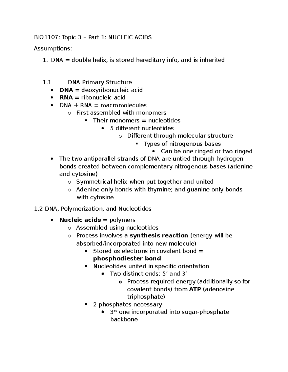 BIO1107: Final Exam Notes on Nucleic Acids & Proteins Structure - Studocu