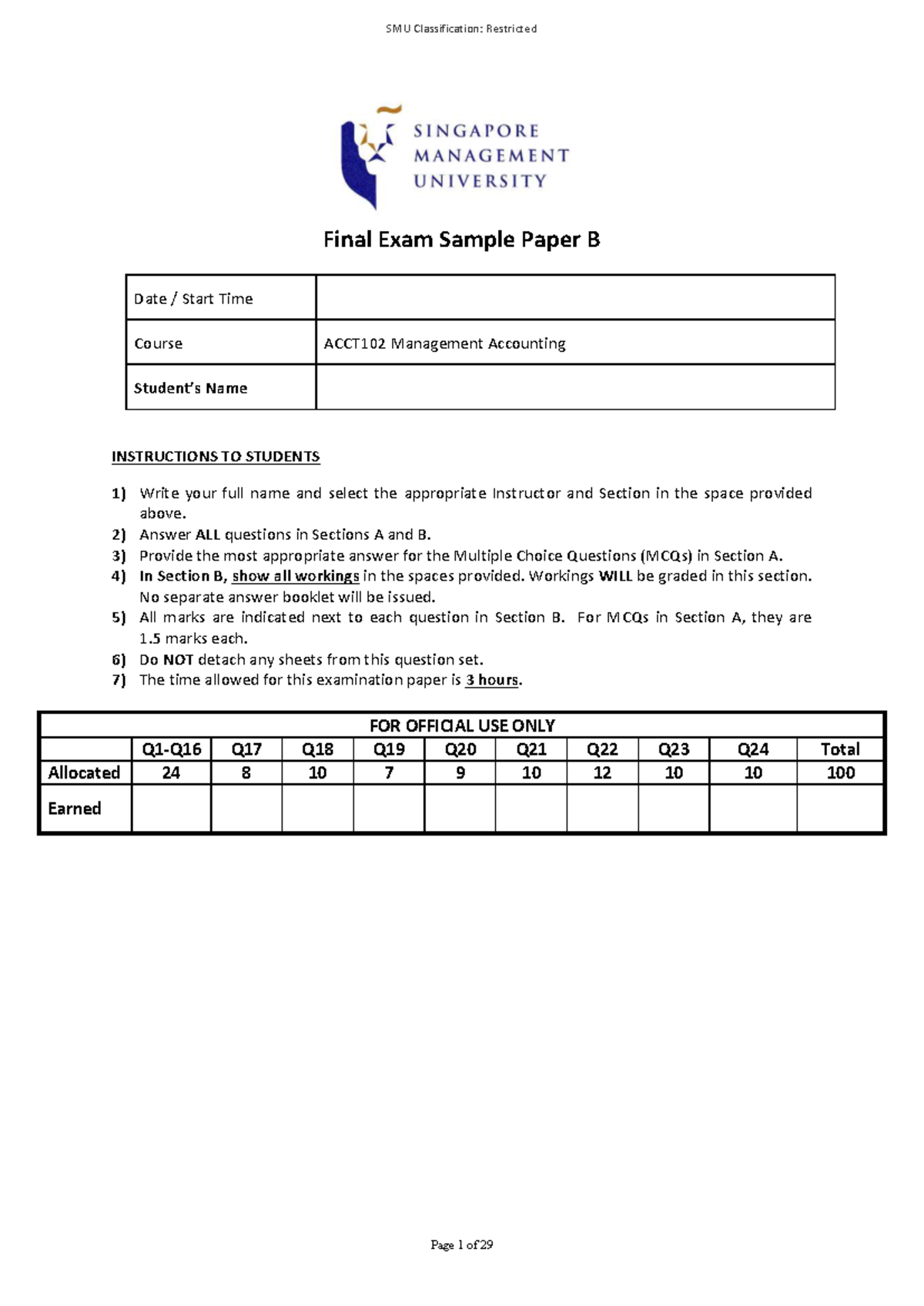 ACCT102 Final Exam Sample Paper B - Management Accounting - Studocu