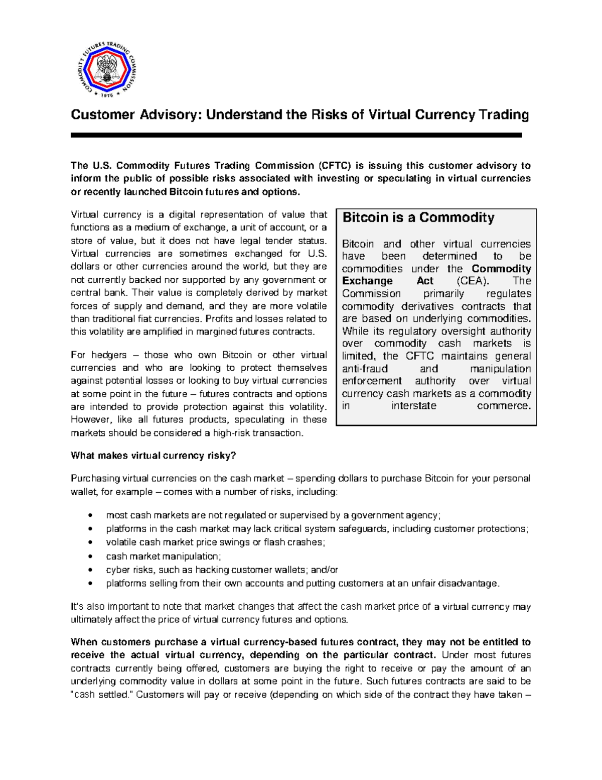 Customer Advisory: Risks of Virtual Currency Trading - Studocu