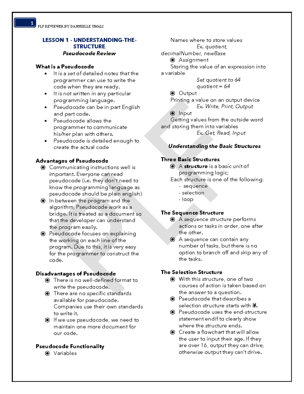 PLF- Final Exam Reviewer: Understanding Pseudocode & Structures - Studocu
