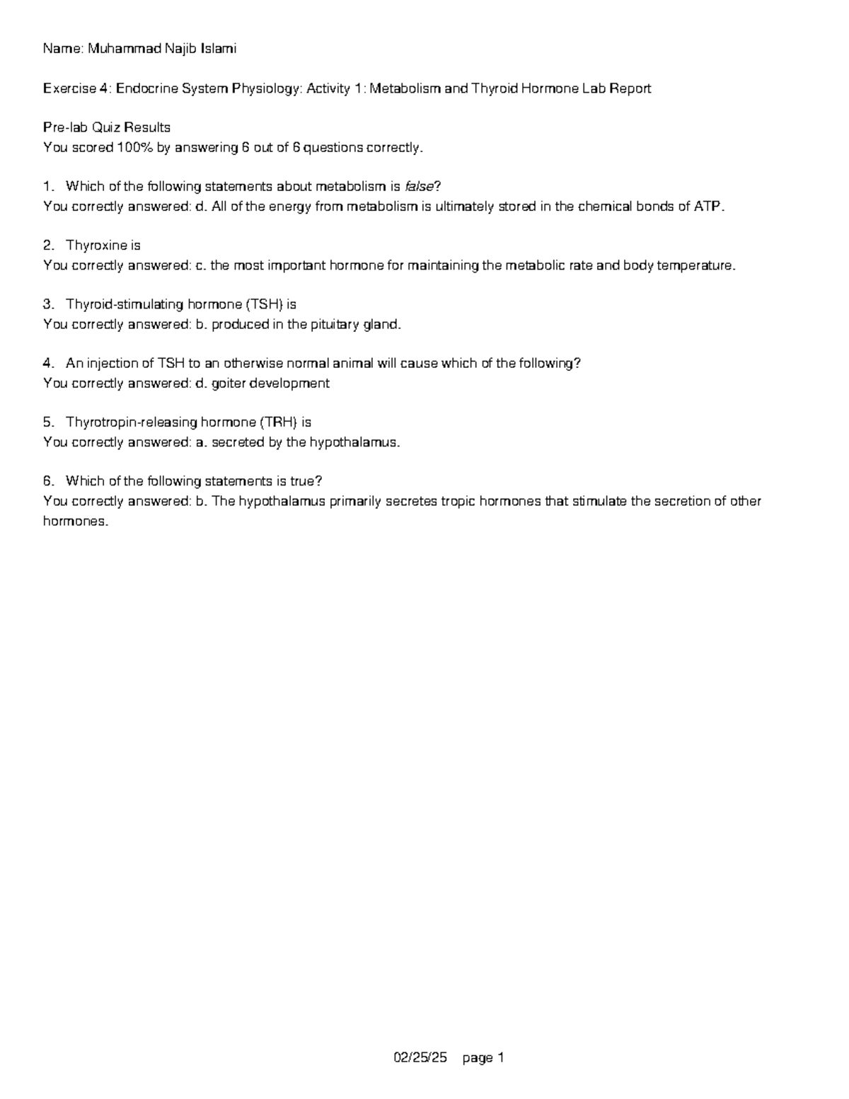 Exercise 4 Act 1: Endocrine System Physiology Lab Report (Physioex ...