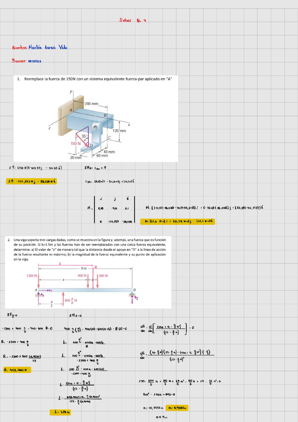 Deber 4 251013 173519 - Ejercicios de Estática y Fuerzas Equivalentes ...