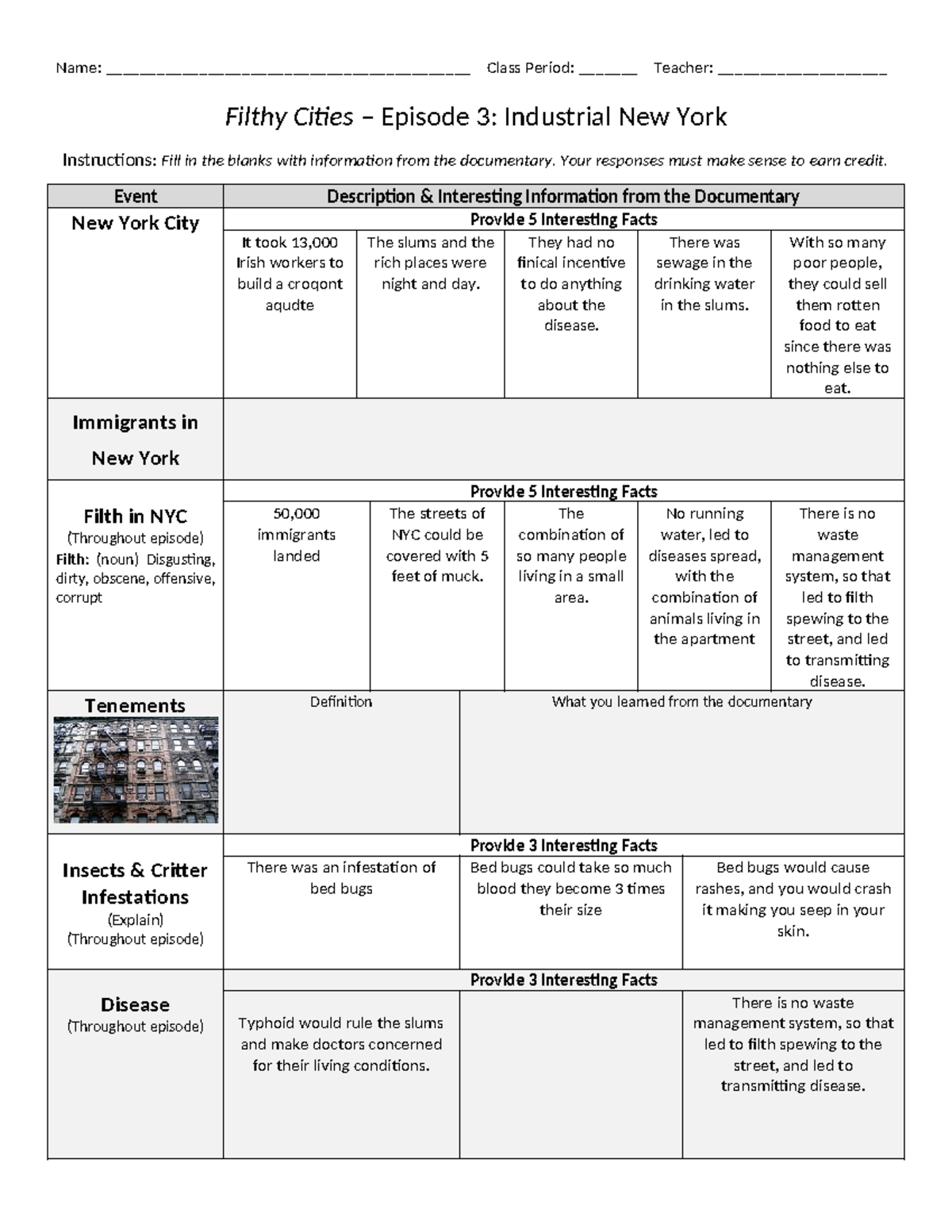 Filthy Cities Episode 3: Industrial NYC Graphic Organizer (Video) - Studocu