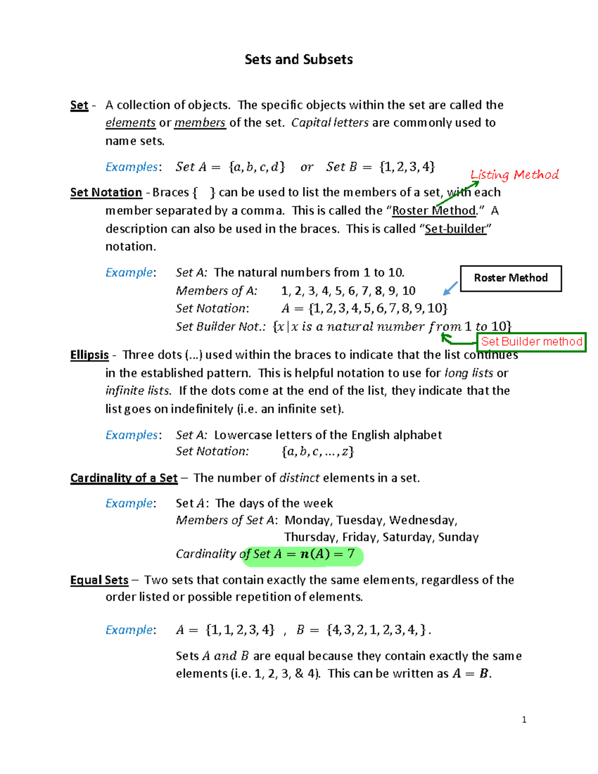 Sets and Subsets: Understanding Elements and Notation (MATH101) - Studocu