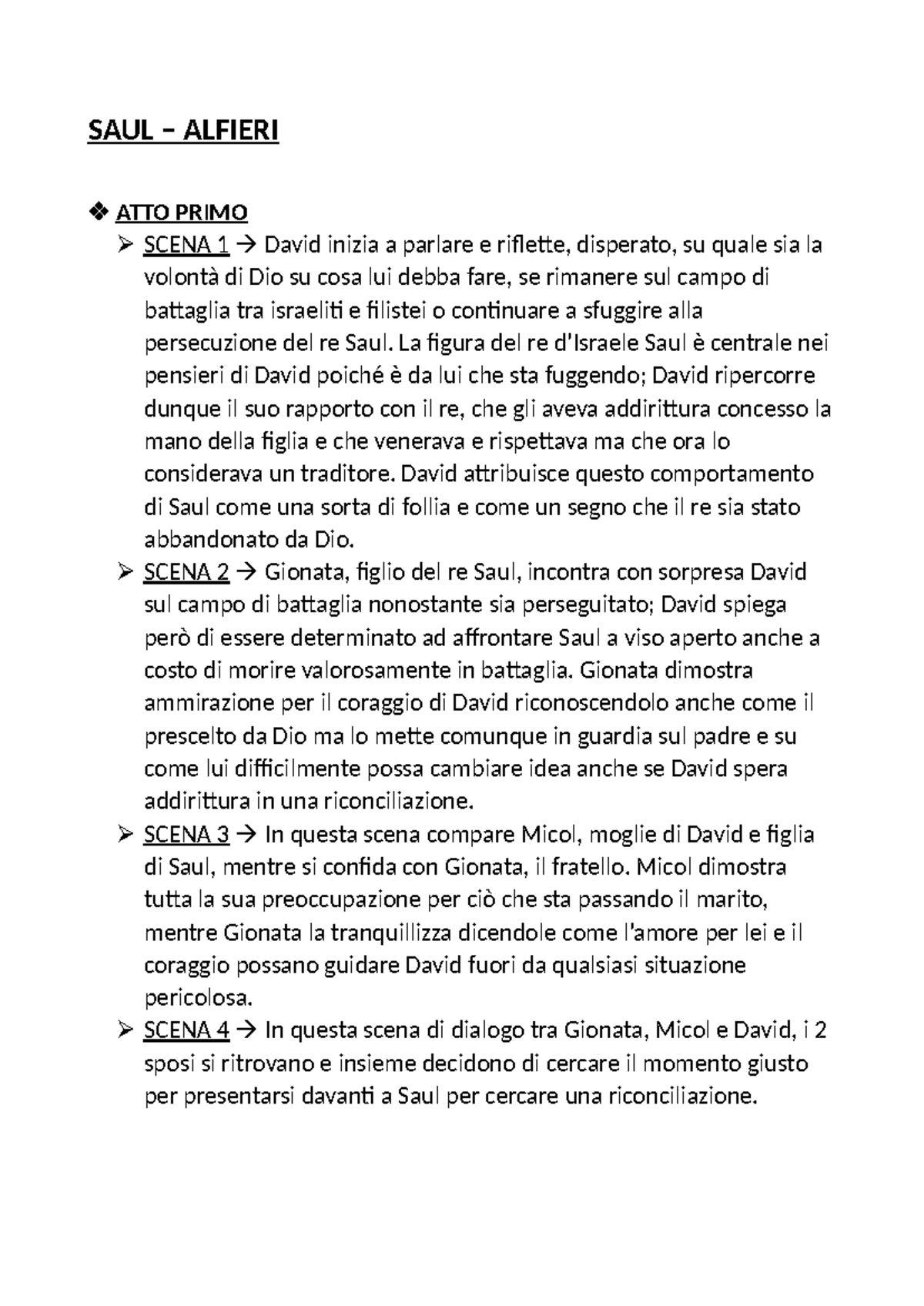 Riassunto dell'Atto Primo e Secondo di "Saul Alfieri" - Studocu