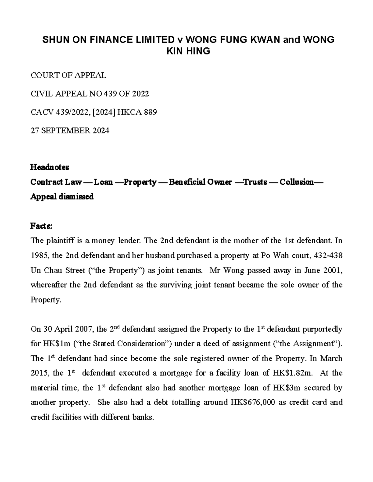 LAW Report - SHUN ON FINANCE LIMITED v WONG FUNG KWAN & WONG KIN HING ...