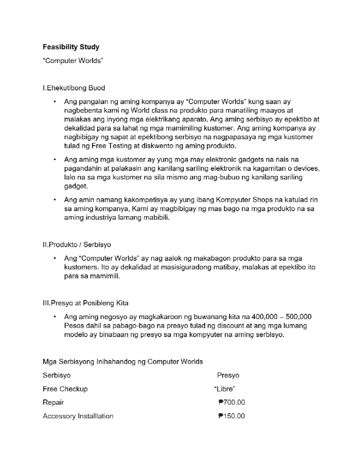 Feasibility Study Sample para sa Negosyo ng Elektronik na Produkto - Studocu