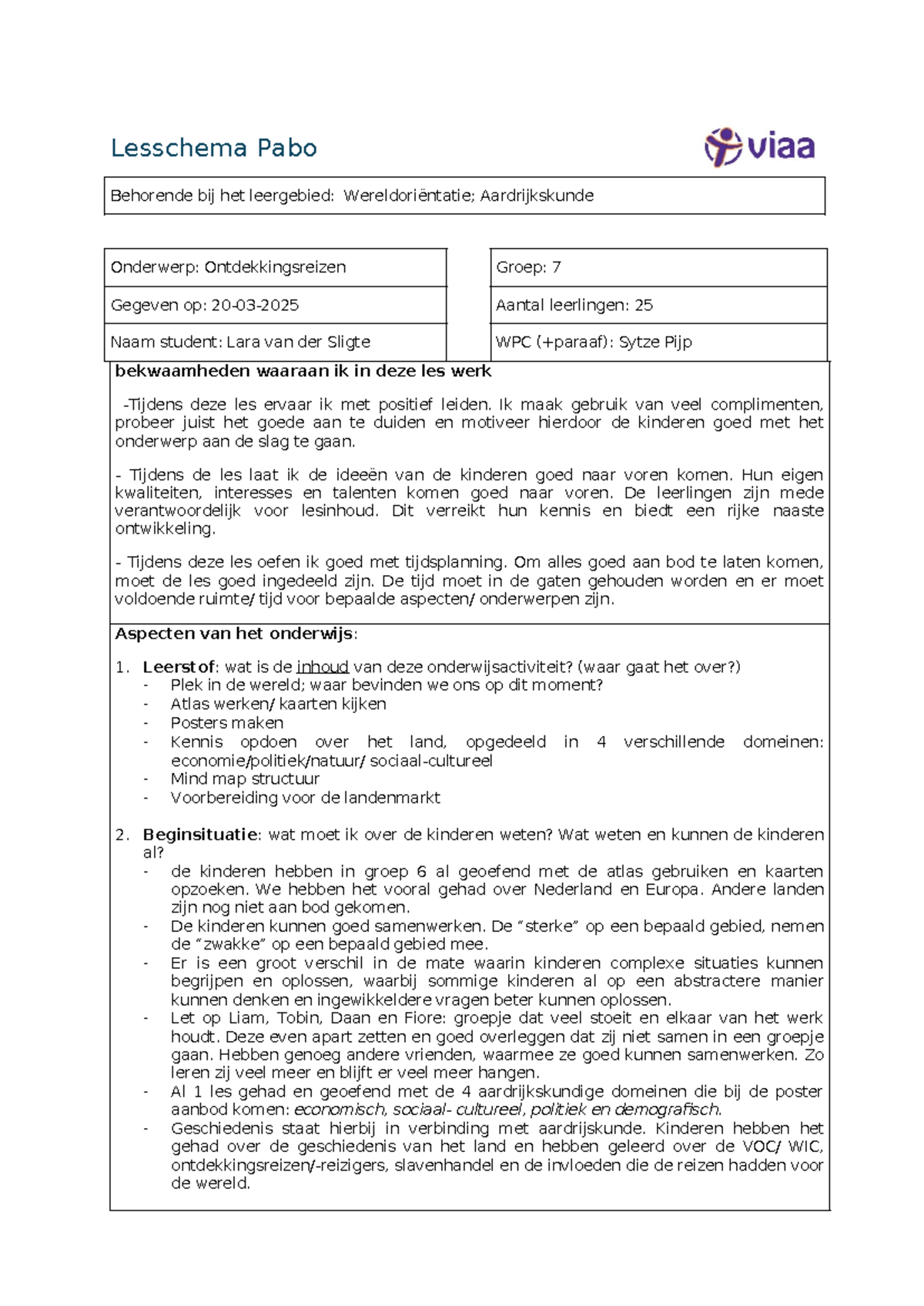 Lesschema Pabo Aardrijkskunde: Ontdekkingsreizen Groep 7 - Studeersnel