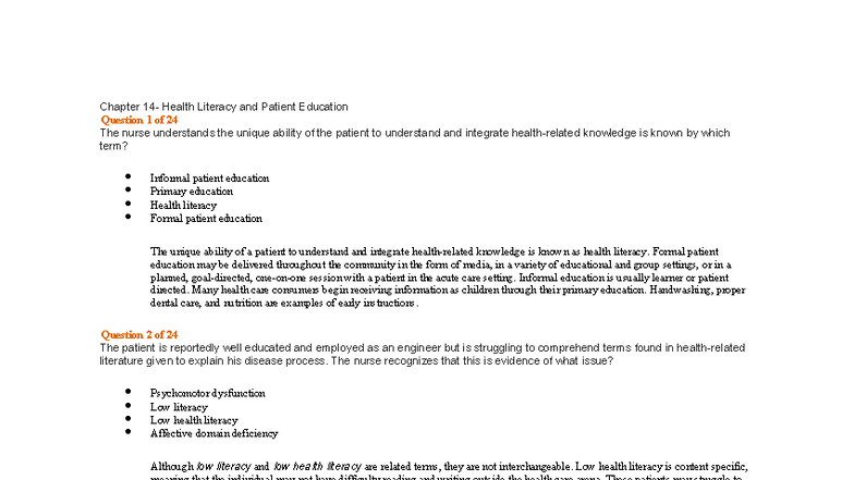 Chapter 14 - Health Literacy and Patient Education Overview - Studocu