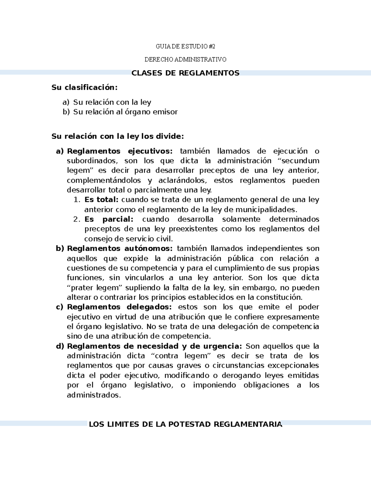 Guía de Estudio II - Resumen sobre Derecho Administrativo y Reglamentos - Studocu